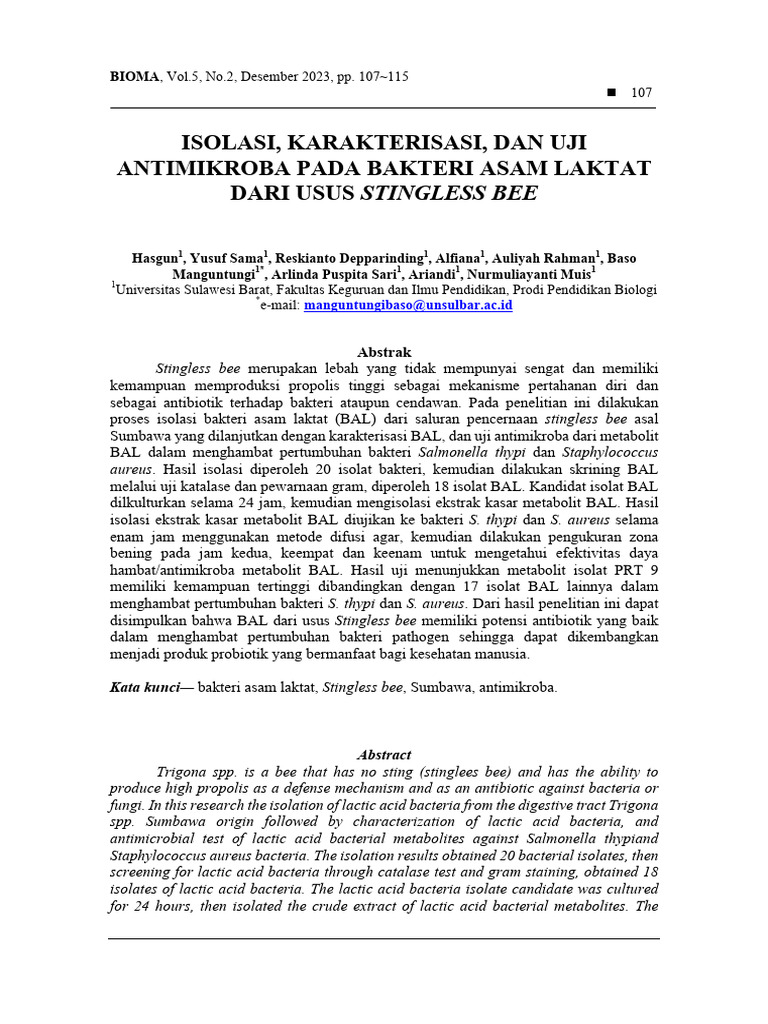 Isolasi, Karakterisasi, Dan Uji Antimikroba Pada Bakteri Asam Laktat Dari Usus Stingless Bee | PDF