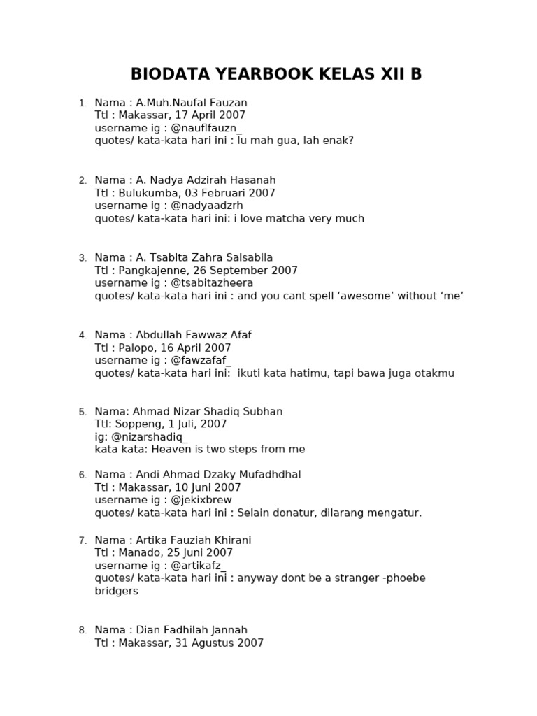 Biodata Siswa Kelas XII B | PDF