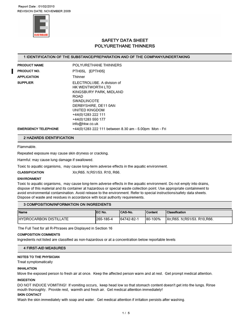 MSDS ELECTROLUBE PTH 5L Polyurethane Conformal Coating Thinners Eng | PDF | Occupational Safety ...