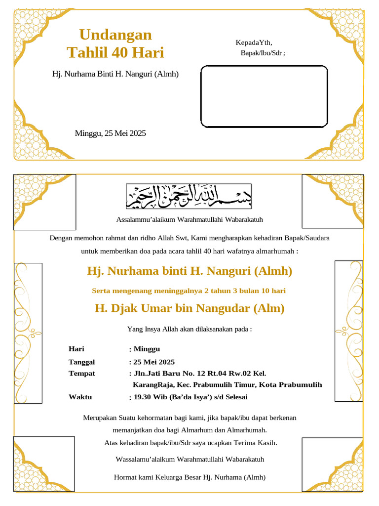 Emas & Putih Minimalis Kartu Undangan Yasin & Tahlil | PDF