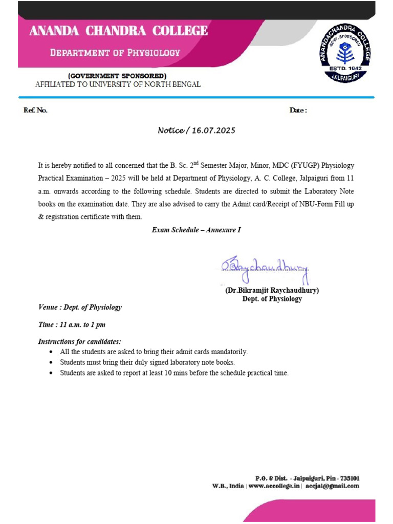 B.Sc. Physiology Practical Exam Notice 2025 | PDF