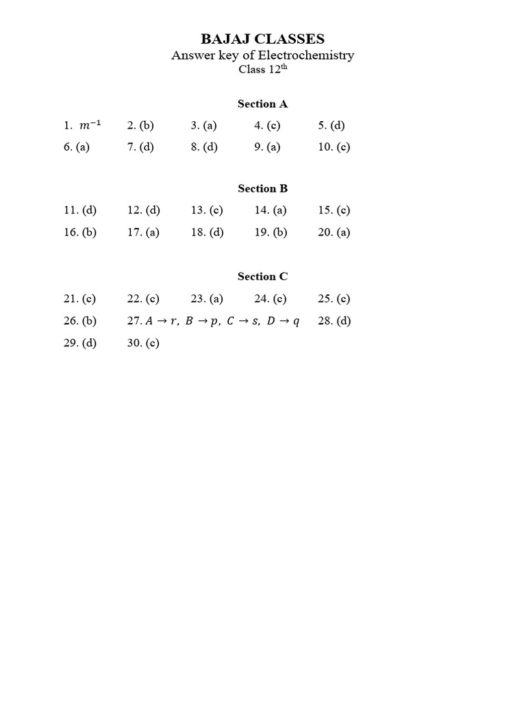 Answer Key of Electrochemistry | PDF