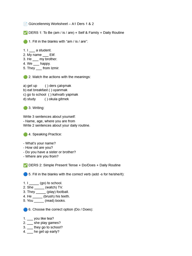 A1 English Worksheets: To Be & Present Tense | PDF