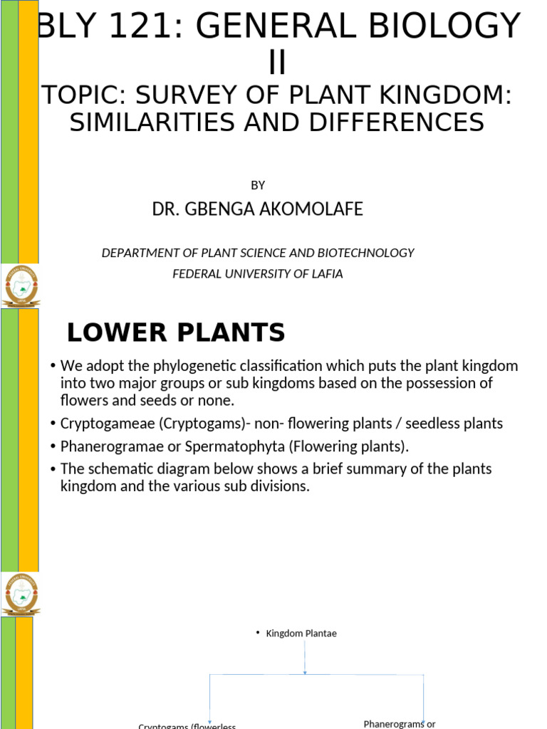 BLY 121 Survey of Lower Plants by DR Gbenga Akomolafe | PDF | Botany ...