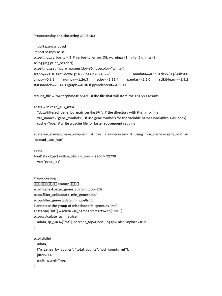 纯代码 - scanpy - Preprocessing and Clustering 3k PBMCs | PDF ...