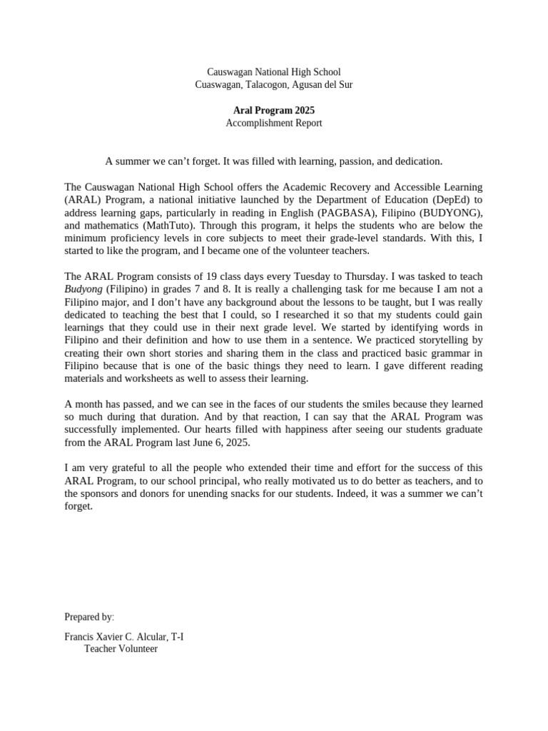 ARAL Program 2025 Accomplishment Report | PDF