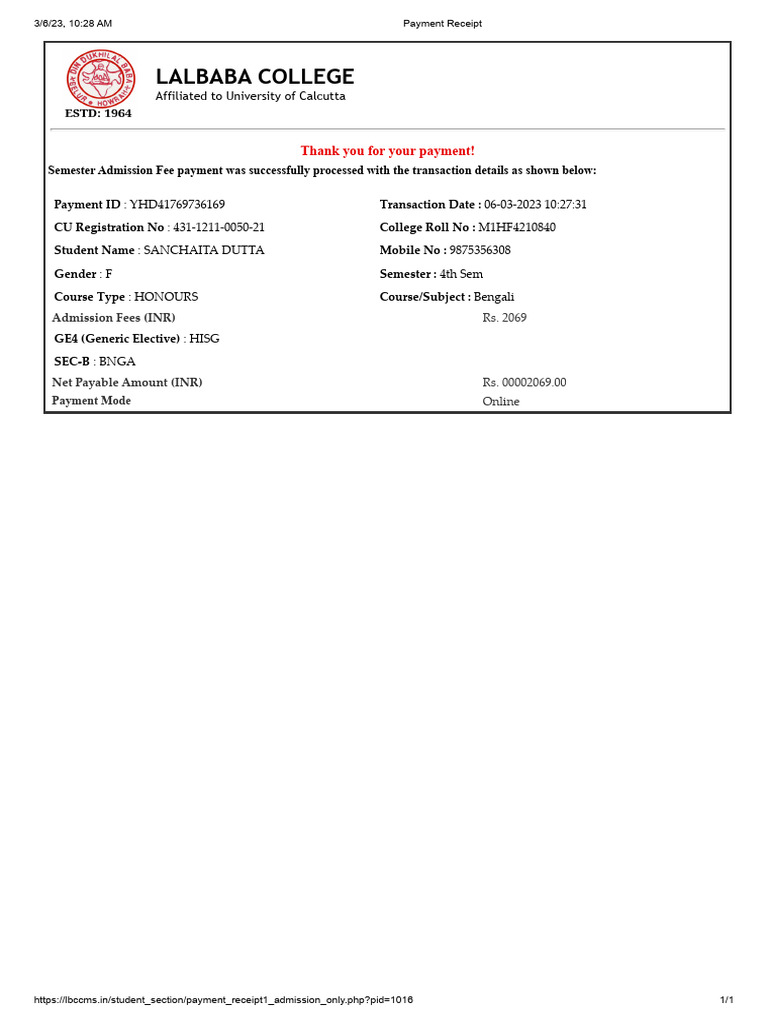 Lalbaba College Admission Fee Receipt | PDF