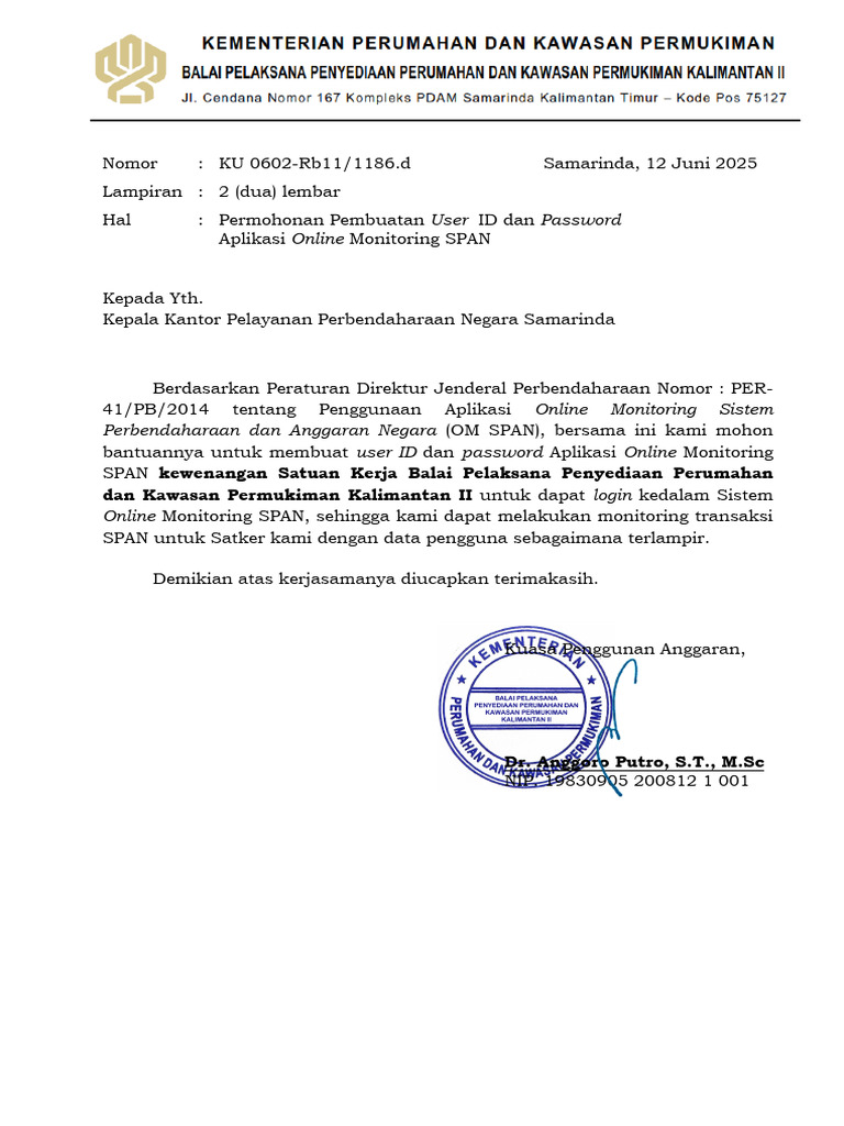 Permohonan User OM SPAN 691607 TKPR Dipa | PDF