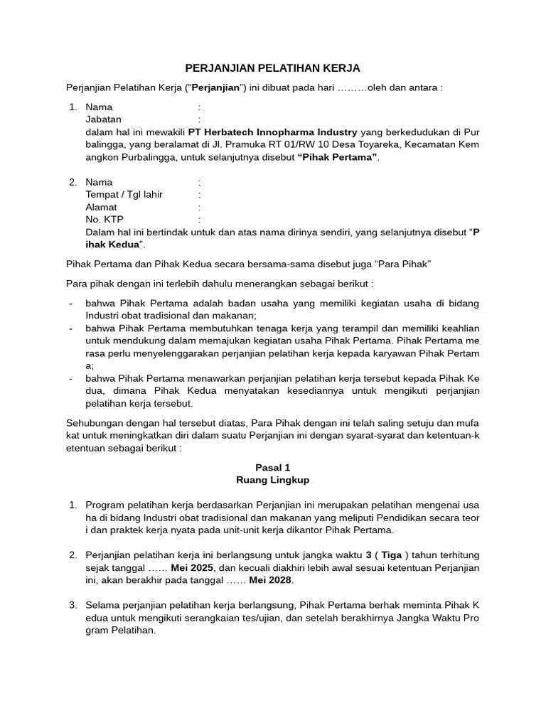Perjanjian Pelatihan Kerja | PDF