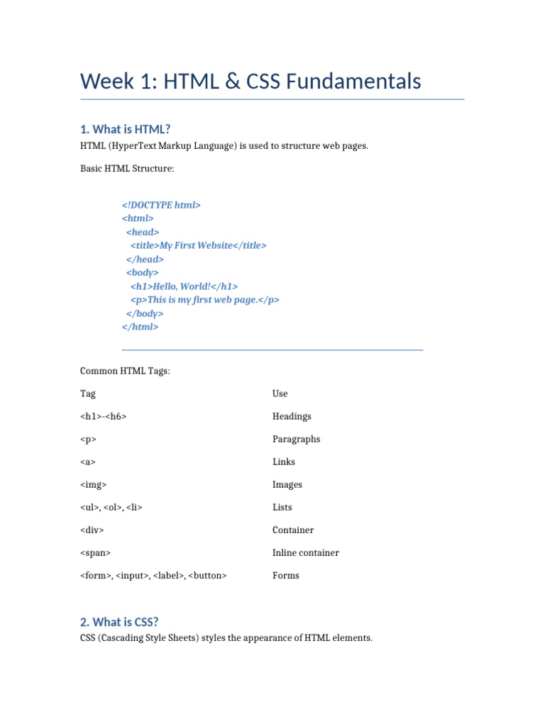 Week 1 HTML CSS Fundamentals | PDF
