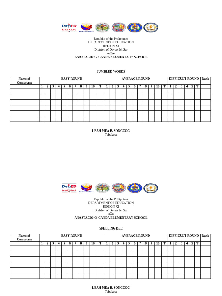Tabulation Form For Spelling Bee and Jumbled Words | PDF