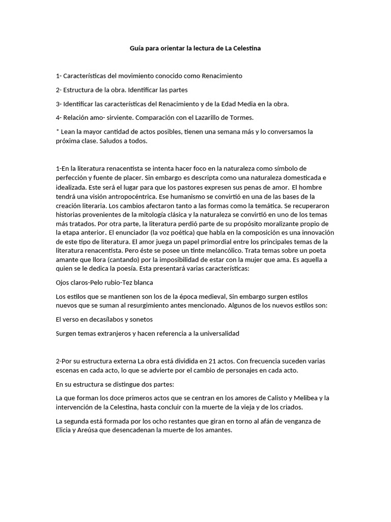 Guía para Orientar La Lectura de La Celestina | PDF