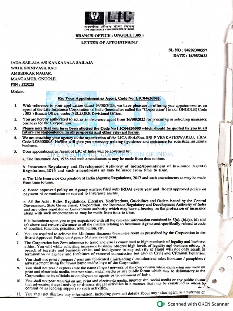 Lic Appointment Letter | PDF