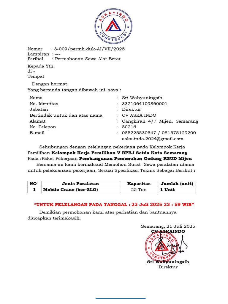 Surat Permohonan Dukungan Sewa Crane | PDF