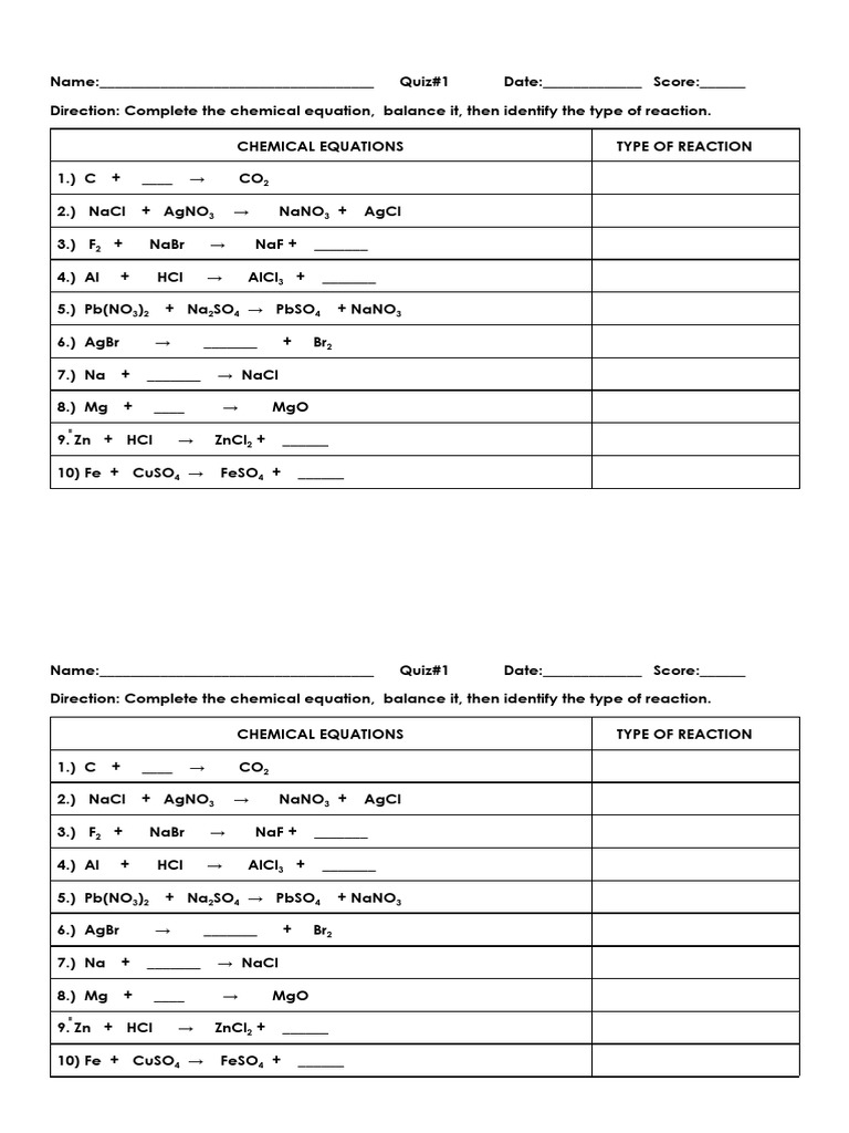 CHEMICAL EQUATIONS Worksheet | PDF