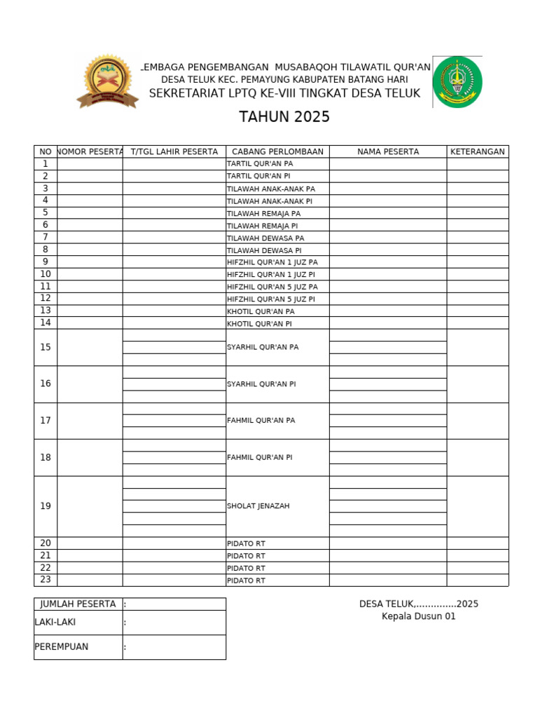 Formulir Pendaftaran MTQ 2025 | PDF