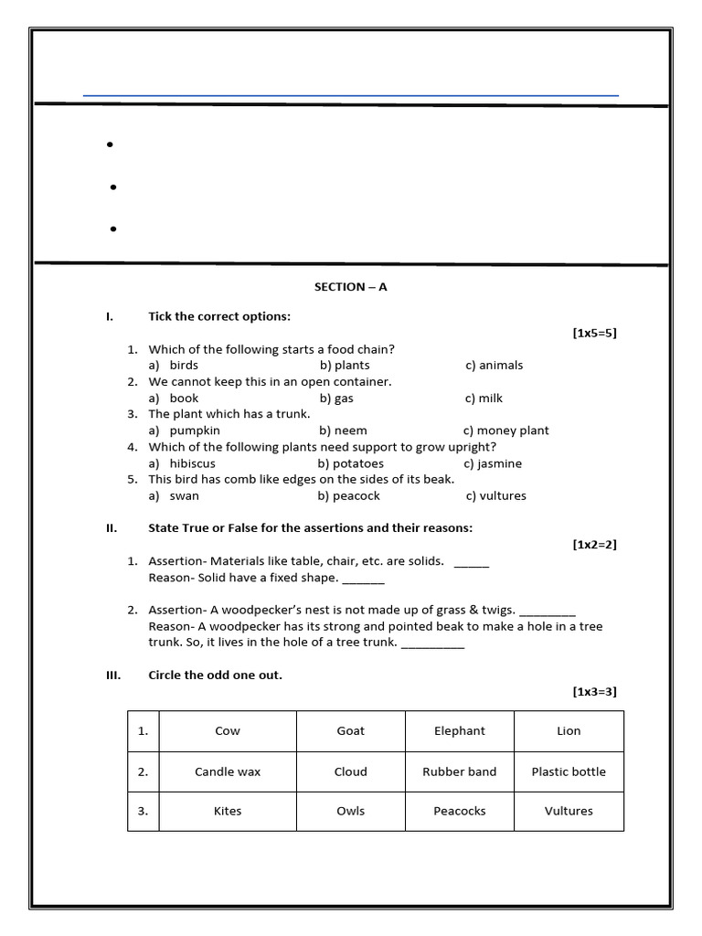 Class 3 Sample Paper: Tick Options | PDF | Birds | Nest