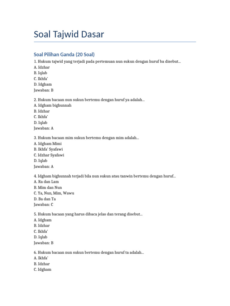 Soal Tajwid Dasar dan Jawabannya | PDF