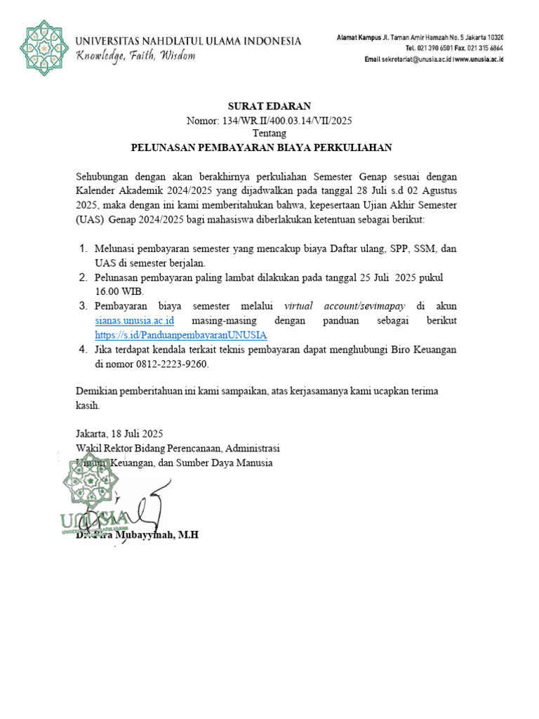 Surat Edaran Pembayaran UAS Genap 2024-2025 | PDF