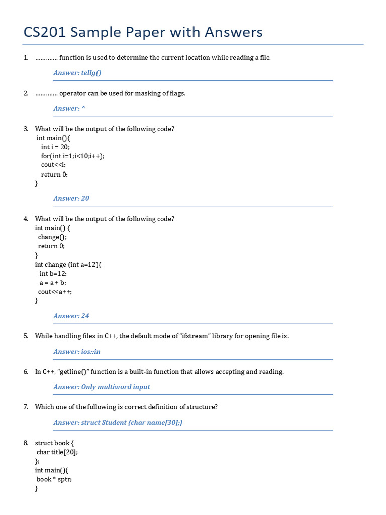 CS201 Sample Paper With Answers | PDF | C++ | Software Engineering