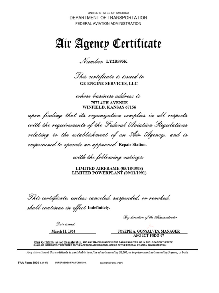 FAA Certificate for GE Engine Services | PDF