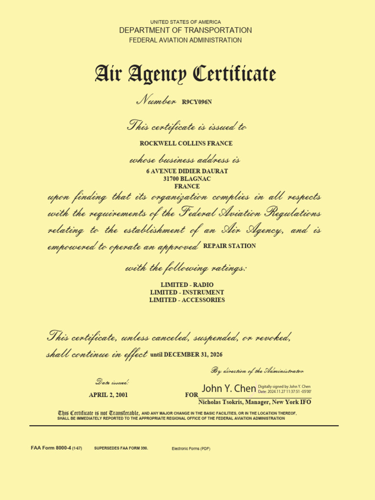 FAA 14 CFR Part-145 Certificate - R9CY096N - 2026 12-31 | PDF | Federal ...