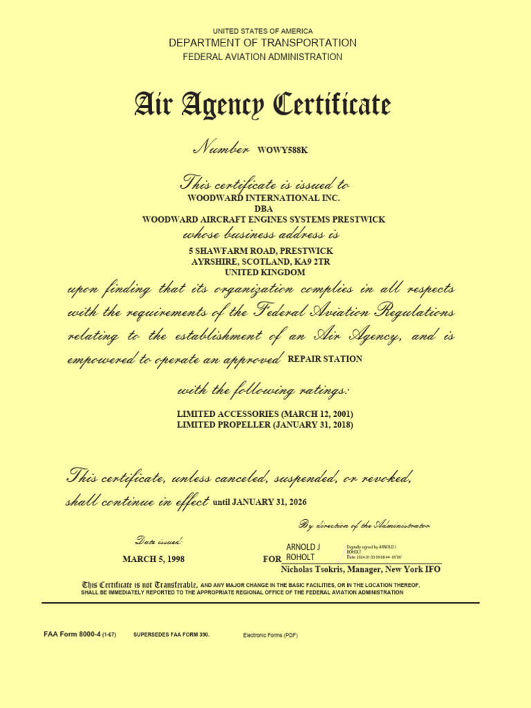 FAA Air Agency Certificate Prestwick | PDF | Federal Aviation Administration | Aviation Safety