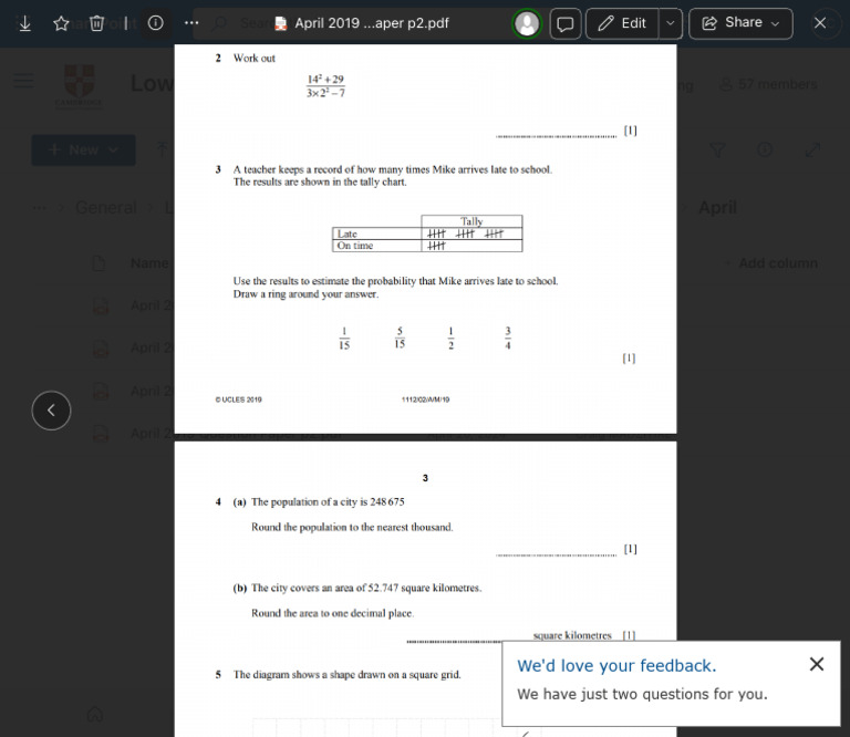 Lower Secondary Checkpoint Past Papers - April 2019 Question Paper p2 ...