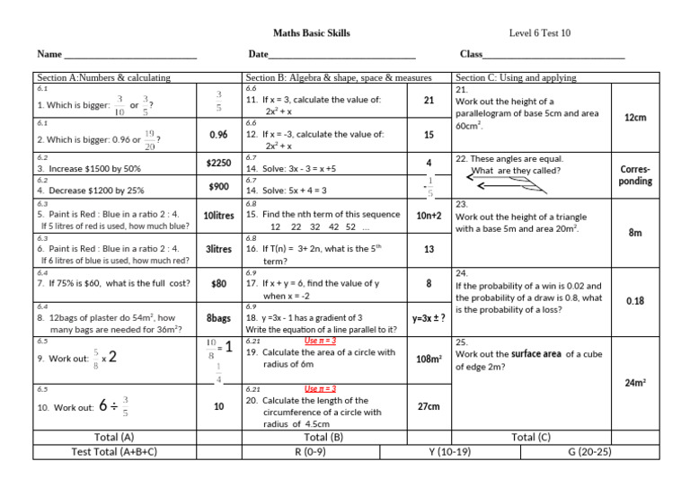 Level 6 Maths Skills Test Questions | PDF | Area | Circle