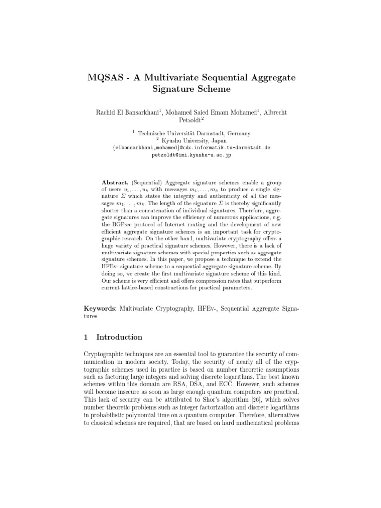 Multivariate Sequential Aggregate Signature | PDF | Cryptography | Secure Communication