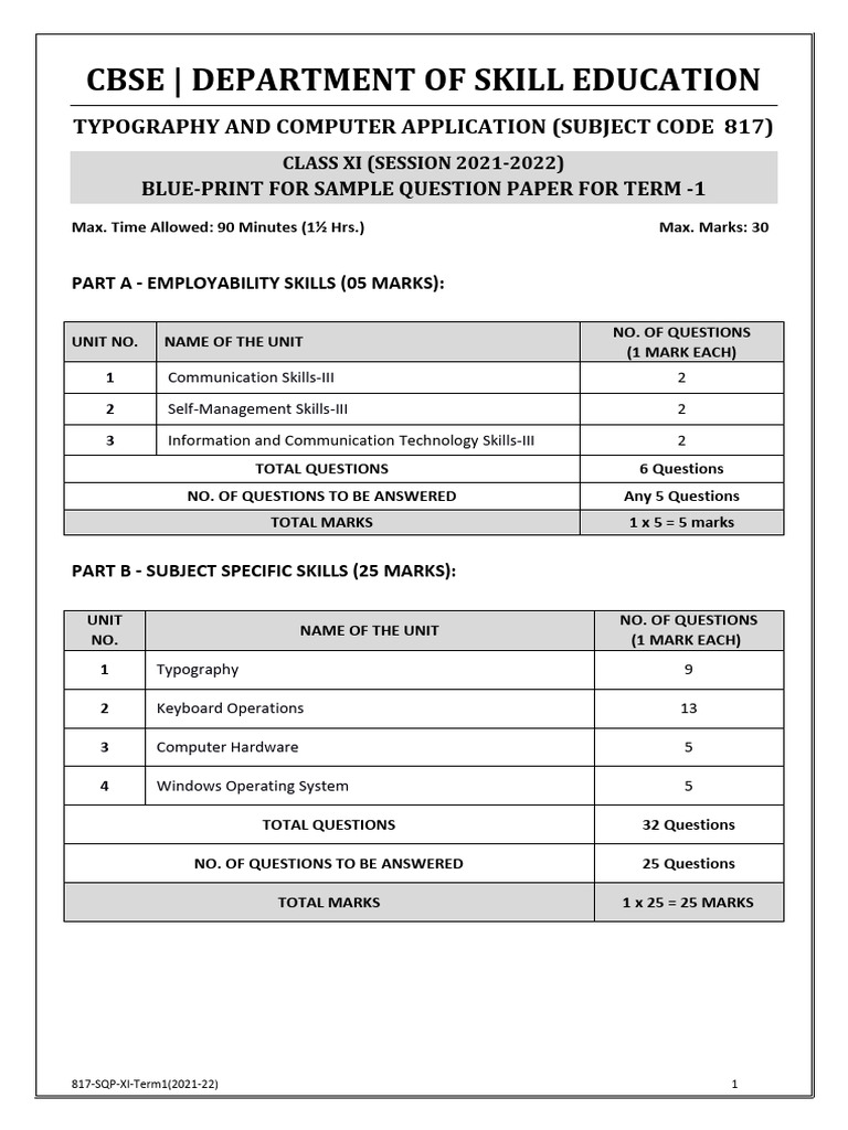 Term 1 Sample Paper for Class XI 817 | PDF | Typewriter | Computer Keyboard