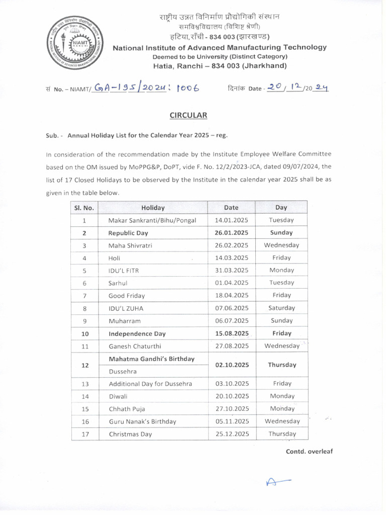Circular For Holiday 2025 | PDF