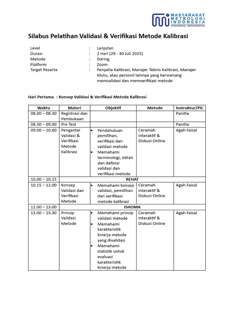 Silabus Pelatihan Validasi & Verifikasi Metode Kalibrasi | PDF