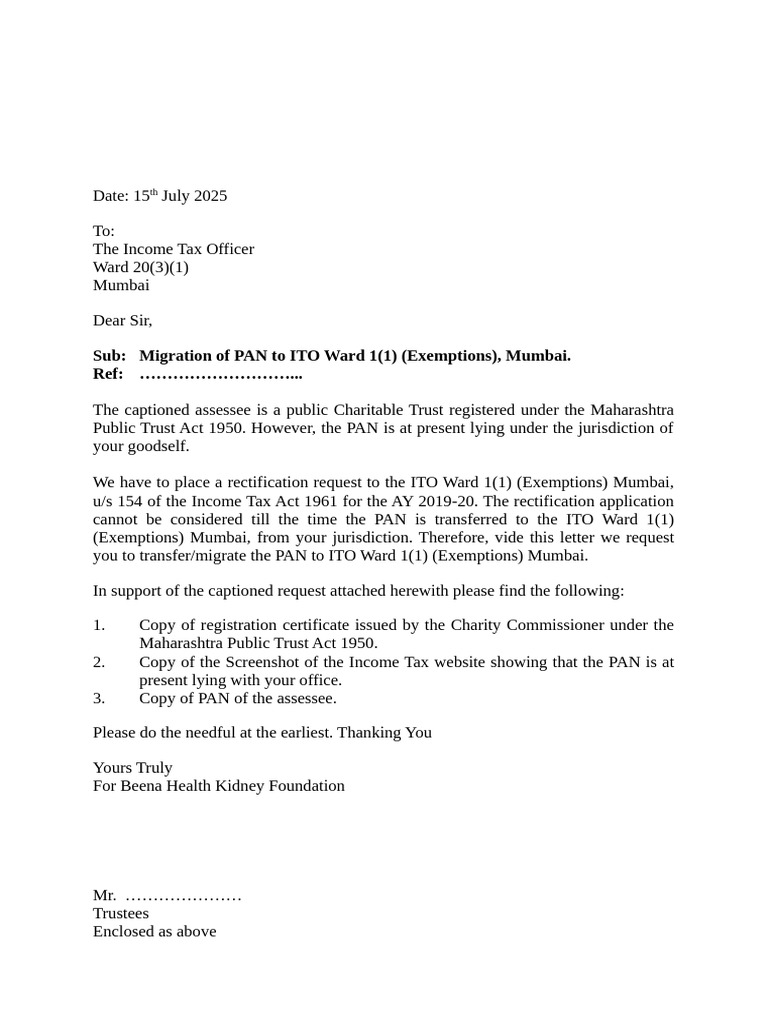 PAN Migration Request for Charitable Trust | PDF