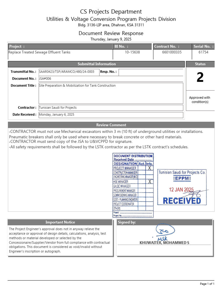 Approved JSA # 006 Site Preparation Mobilization For Tank Construction ...