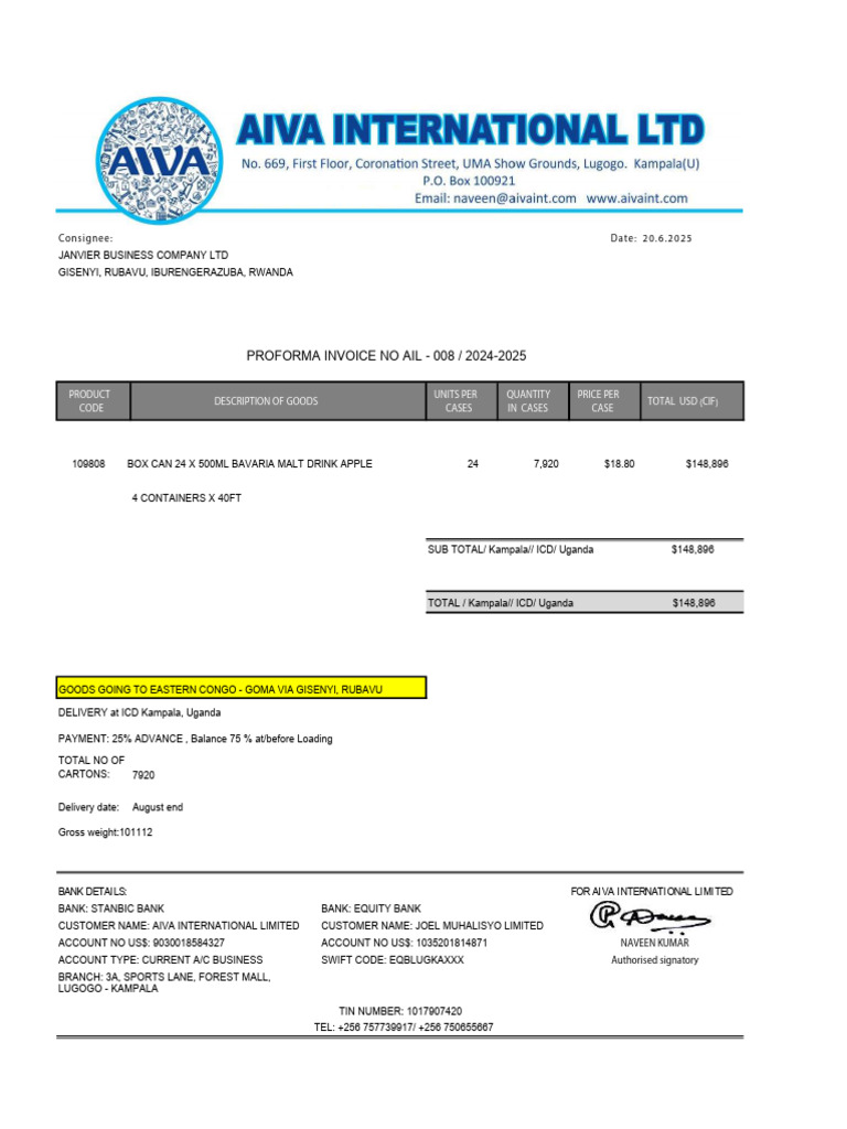 Proforma Invoice for Bavaria Malt Drink | PDF