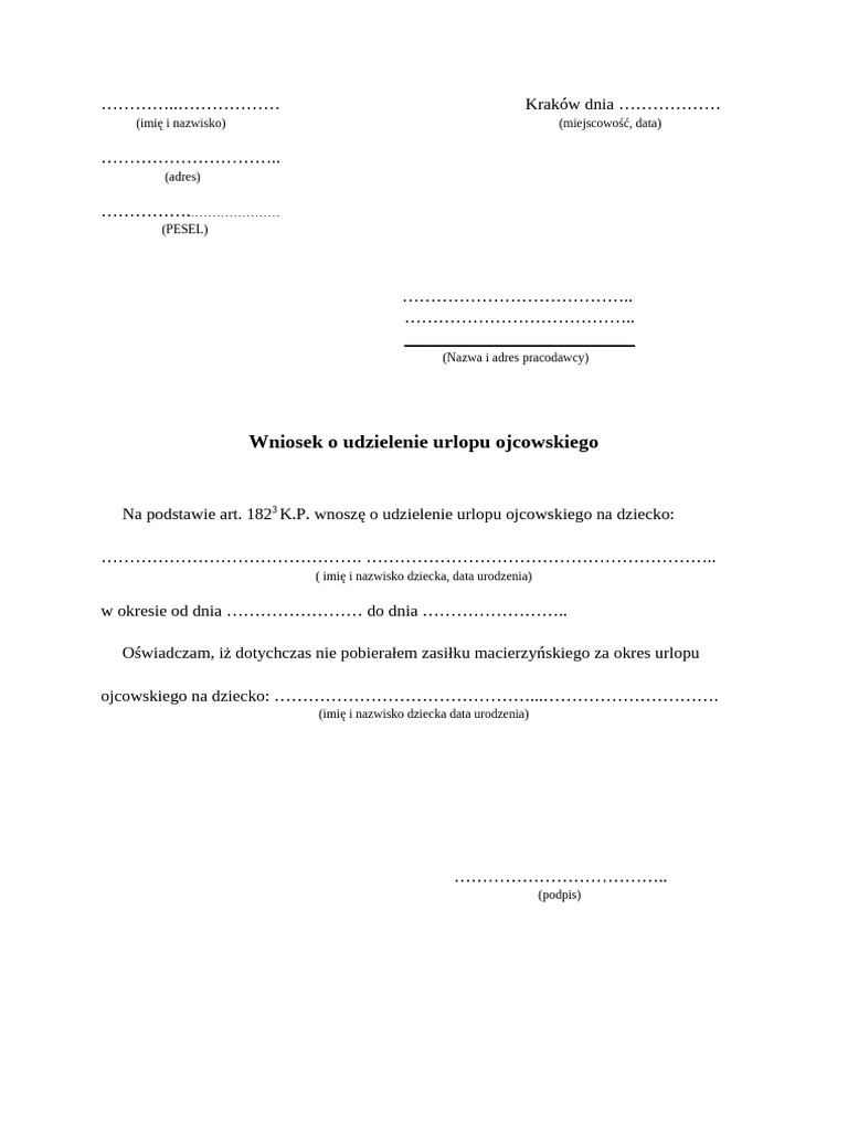 Wniosek o Urlop Ojcowski | PDF