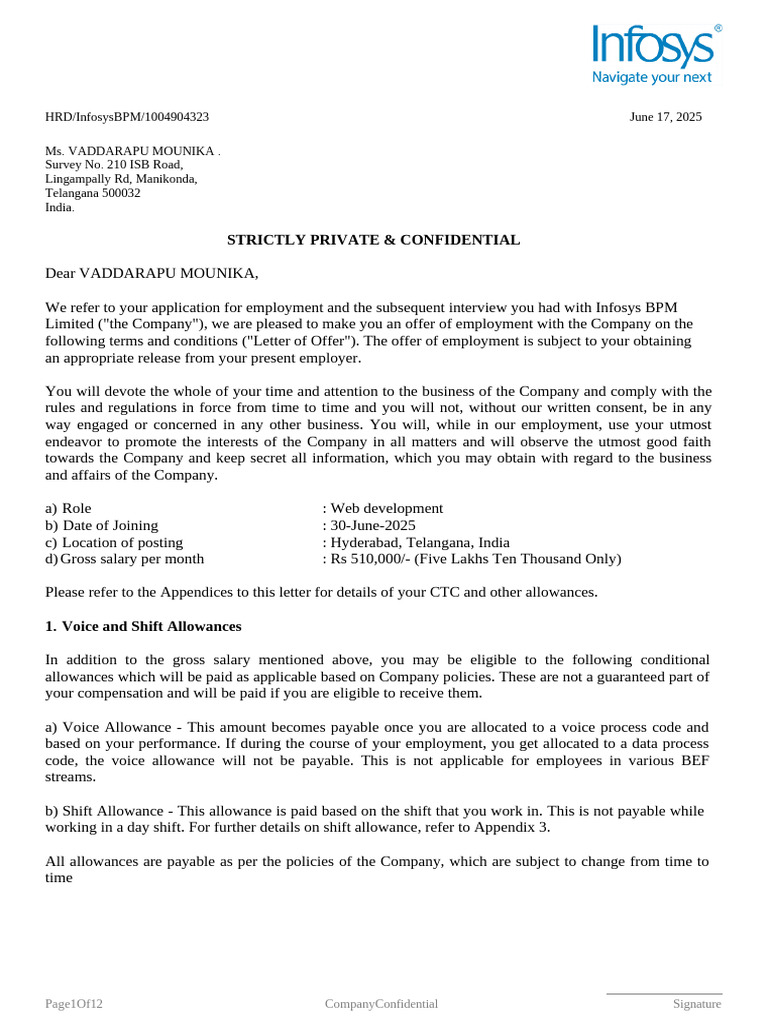 Infosys BPM Employment Offer Letter | PDF | Background Check | Salary