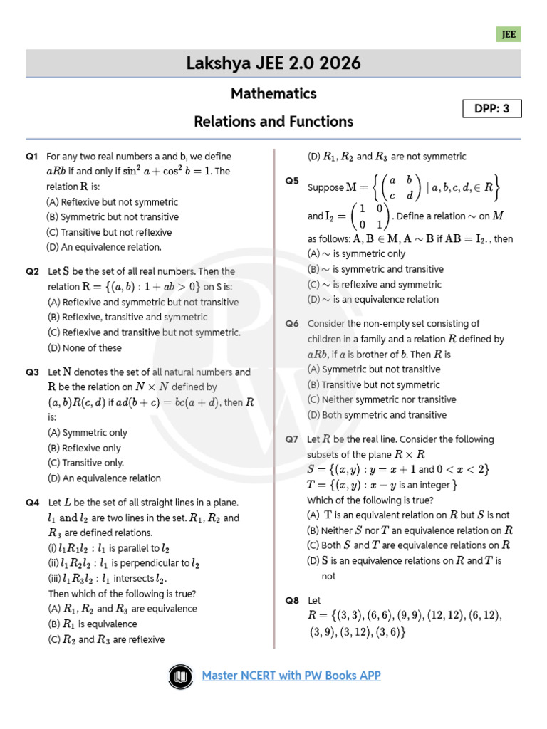 Lakshya JEE 2.0 2026: Mathematics Relations and Functions | PDF | Mathematical Analysis | Geometry