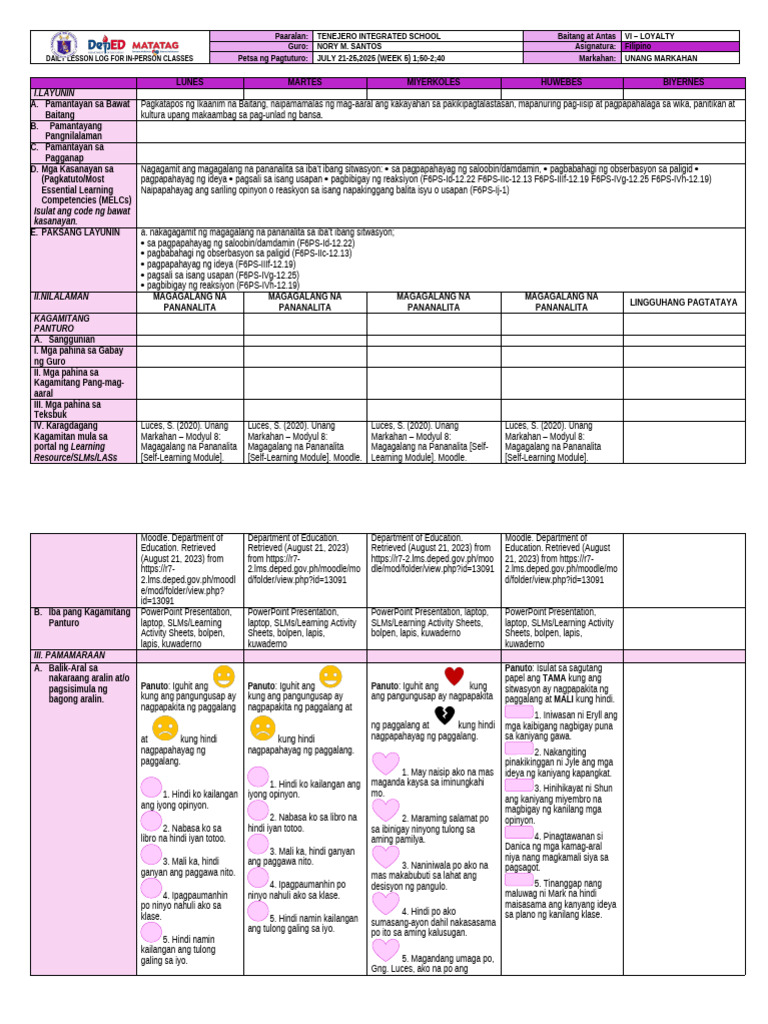 g6 q1w5 DLL Filipino (Melcs) | PDF