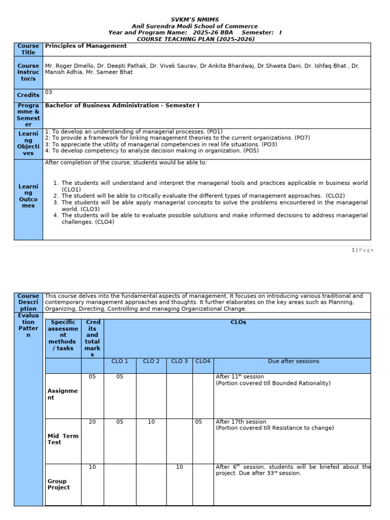 Principles of Management - BBA Course Outline 2025-26 | PDF ...