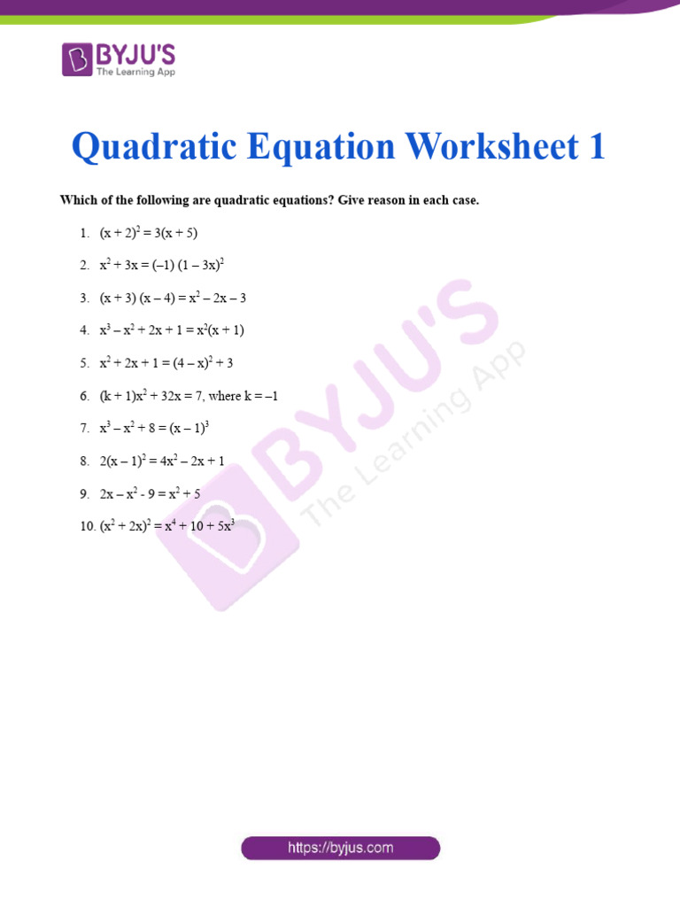 Quadratic Equation Worksheet 1 PDF | PDF