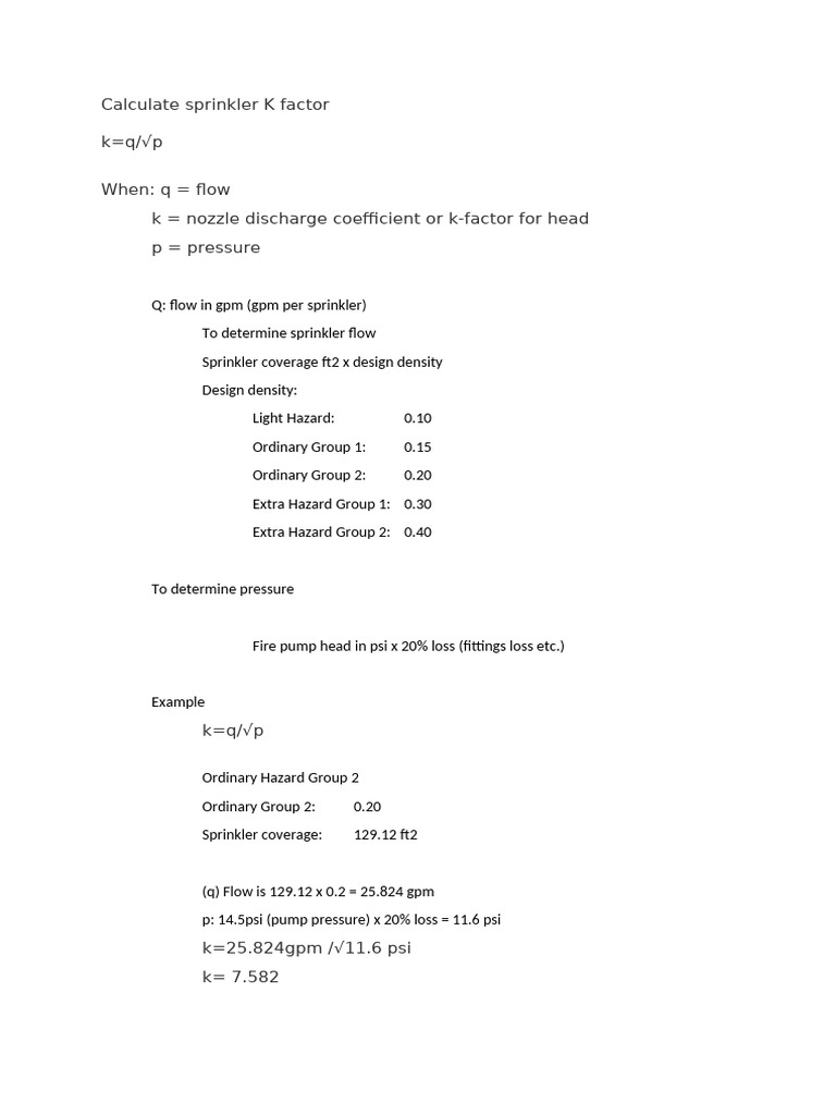 Sprinkler K Factor Calculation Guide | PDF