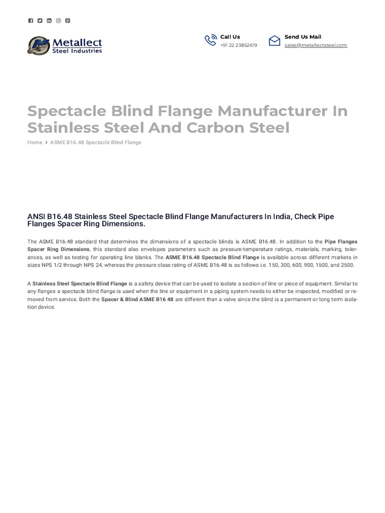 ASME B16.48 Spectacle Blind Dimensions | PDF | Pipe (Fluid Conveyance ...