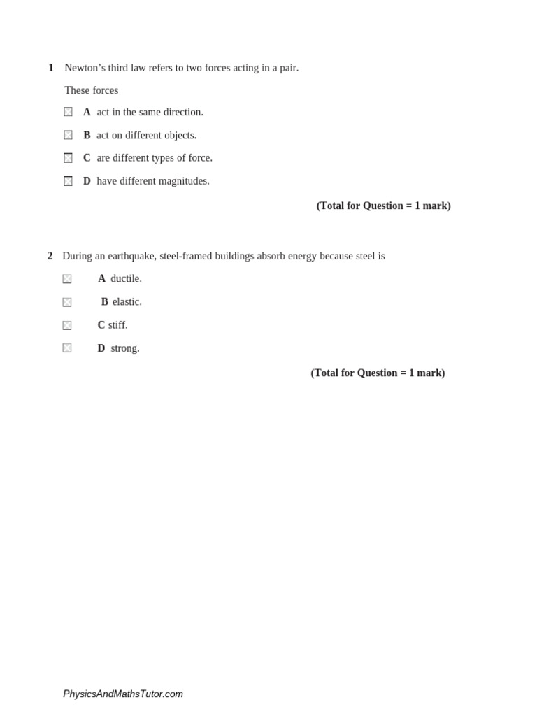 Newton's Third Law (Multiple Choice) QP | PDF