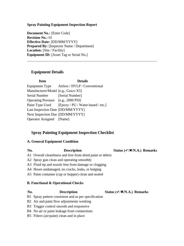 Spray Painting Equipment Inspection Report | PDF