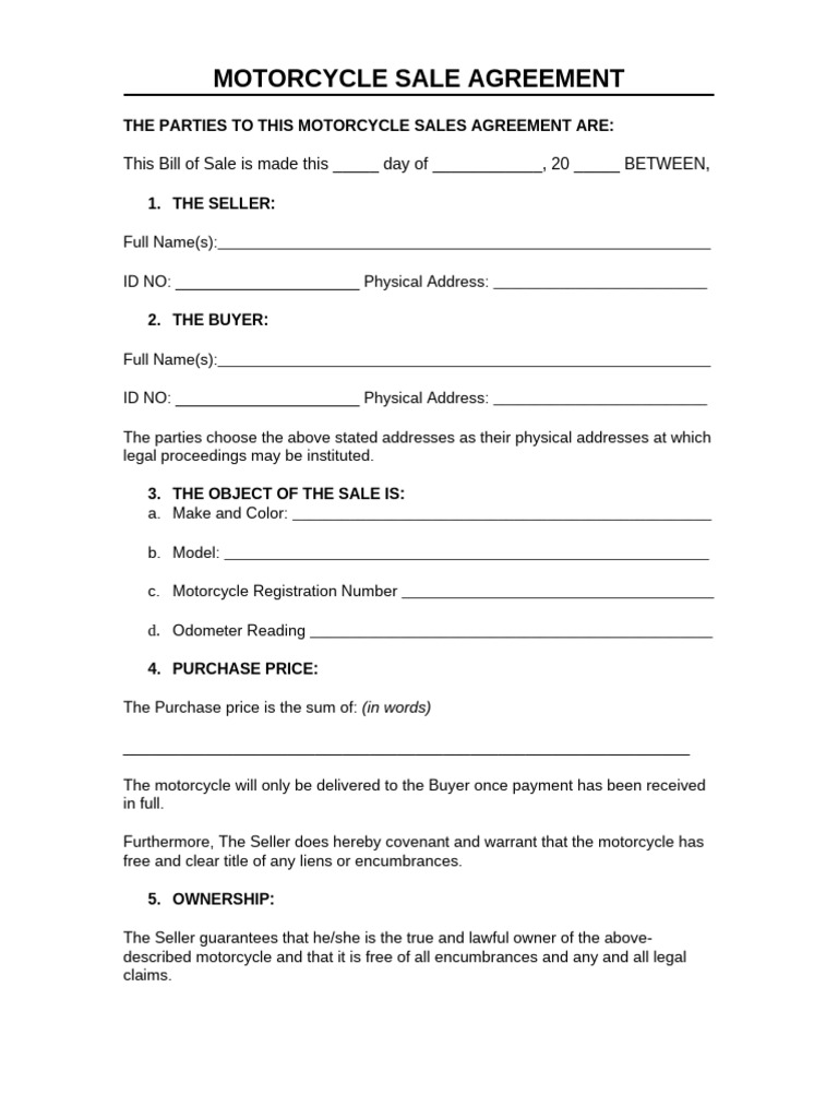 Motorcycle Sale Agreement | PDF | Business Law | Common Law