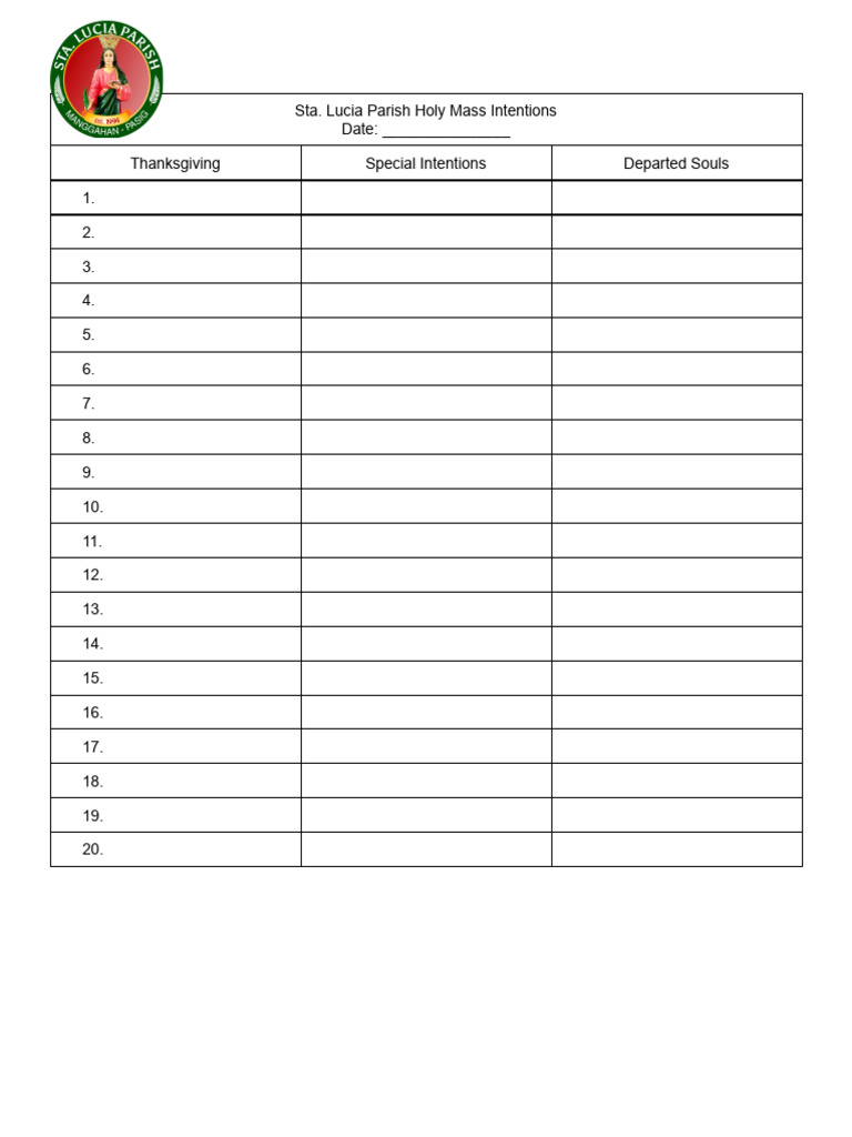 Mass Intentions Template for Sta. Lucia | PDF