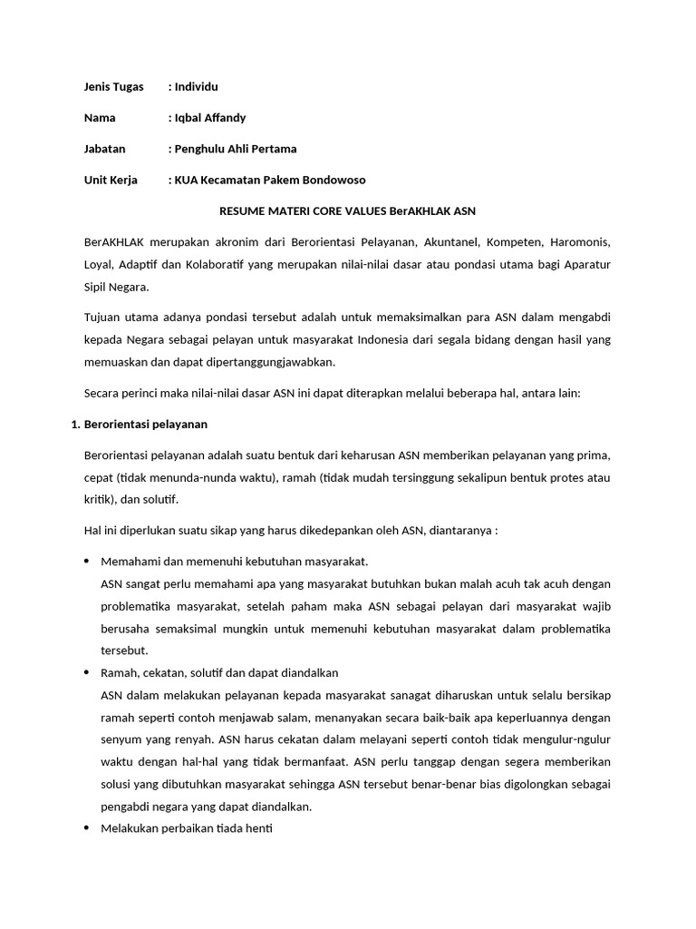 Resume Materi Core Values Berakhlak Asn | PDF