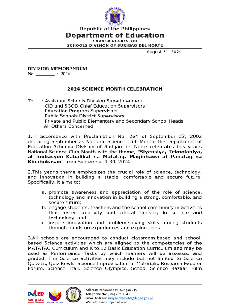 2024 Science Month Celebration Memo | PDF | Learning